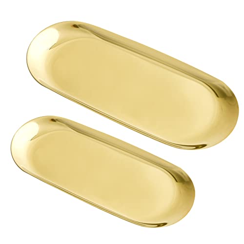 Dobbyby 2 Pack Gold Tray Decorative, Jewelry Dish Bathroom Vanity Tray Small Serving Tray Candle Holder Stainless Steel Cosmetics Tray Perfume Tray, Gold, 12"+9"