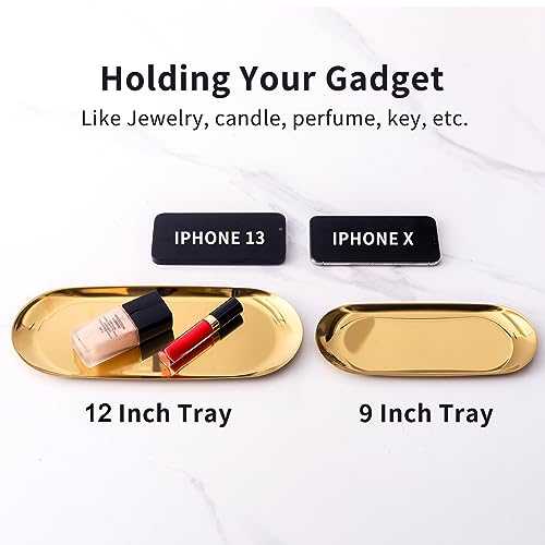 Dobbyby 2 Pack Gold Tray Decorative, Jewelry Dish Bathroom Vanity Tray Small Serving Tray Candle Holder Stainless Steel Cosmetics Tray Perfume Tray, Gold, 12"+9"