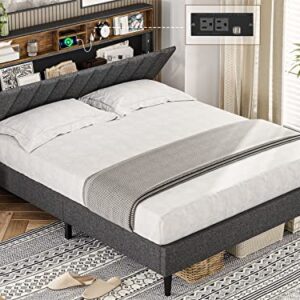 ADORNEVE Queen Bed Frame with Stoarge Headboard, USB Ports & Outlets, Platform Bed Frame Queen Size with Height Adjustable Headboard, Easy Assembly, Noise-Free, Dark Grey