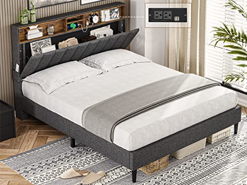 ADORNEVE Queen Bed Frame with Stoarge Headboard, USB Ports & Outlets, Platform Bed Frame Queen Size with Height Adjustable Headboard, Easy Assembly, Noise-Free, Dark Grey