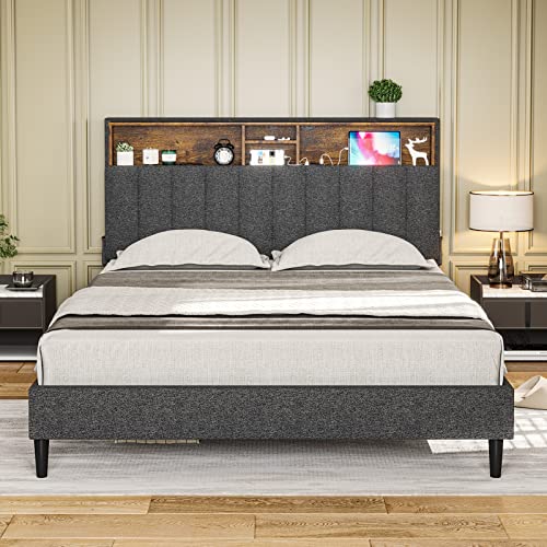 ADORNEVE Queen Bed Frame with Stoarge Headboard, USB Ports & Outlets, Platform Bed Frame Queen Size with Height Adjustable Headboard, Easy Assembly, Noise-Free, Dark Grey