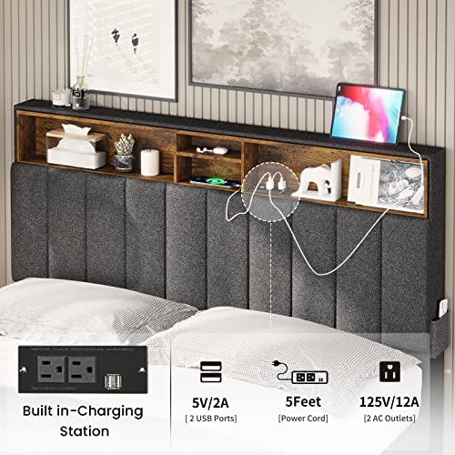 ADORNEVE Queen Bed Frame with Stoarge Headboard, USB Ports & Outlets, Platform Bed Frame Queen Size with Height Adjustable Headboard, Easy Assembly, Noise-Free, Dark Grey