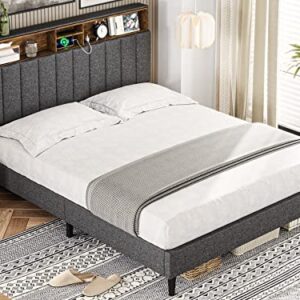 ADORNEVE Queen Bed Frame with Stoarge Headboard, USB Ports & Outlets, Platform Bed Frame Queen Size with Height Adjustable Headboard, Easy Assembly, Noise-Free, Dark Grey