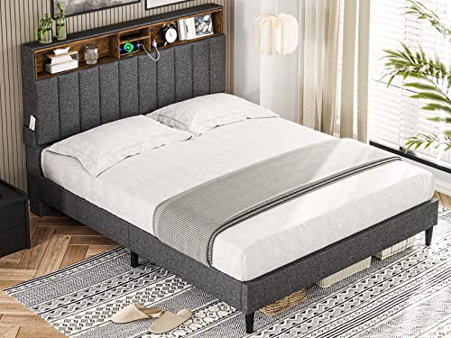 ADORNEVE Queen Bed Frame with Stoarge Headboard, USB Ports & Outlets, Platform Bed Frame Queen Size with Height Adjustable Headboard, Easy Assembly, Noise-Free, Dark Grey