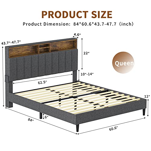 ADORNEVE Queen Bed Frame with Stoarge Headboard, USB Ports & Outlets, Platform Bed Frame Queen Size with Height Adjustable Headboard, Easy Assembly, Noise-Free, Dark Grey