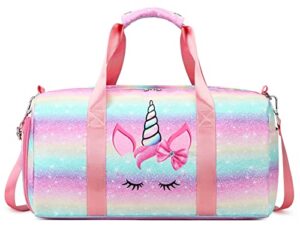 dance bag girls gymnastics bag kids overnight duffle bag unicorn gym sports ballet bag with shoe compartments, kids travel weekender sleepover carry on bag