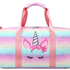 Dance Bag Girls Gymnastics Bag Kids Overnight Duffle Bag Unicorn Gym Sports Ballet Bag with Shoe Compartments, Kids Travel Weekender Sleepover Carry On Bag