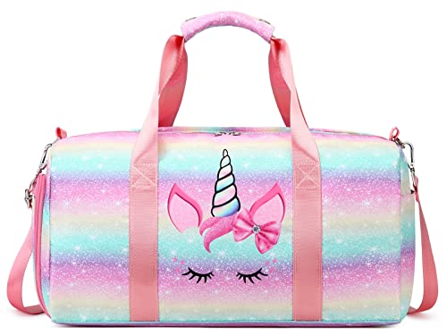 Dance Bag Girls Gymnastics Bag Kids Overnight Duffle Bag Unicorn Gym Sports Ballet Bag with Shoe Compartments, Kids Travel Weekender Sleepover Carry On Bag