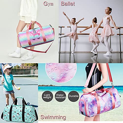 Dance Bag Girls Gymnastics Bag Kids Overnight Duffle Bag Unicorn Gym Sports Ballet Bag with Shoe Compartments, Kids Travel Weekender Sleepover Carry On Bag