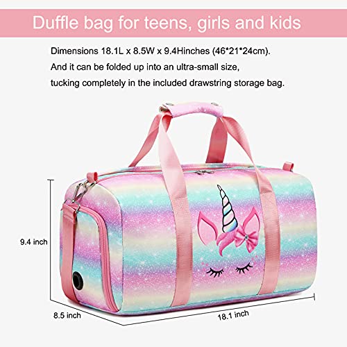 Dance Bag Girls Gymnastics Bag Kids Overnight Duffle Bag Unicorn Gym Sports Ballet Bag with Shoe Compartments, Kids Travel Weekender Sleepover Carry On Bag