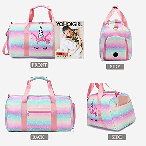 Dance Bag Girls Gymnastics Bag Kids Overnight Duffle Bag Unicorn Gym Sports Ballet Bag with Shoe Compartments, Kids Travel Weekender Sleepover Carry On Bag