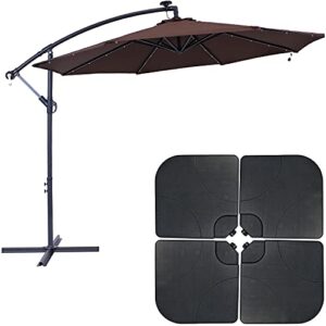 sunnydaze 10-foot offset cantilever brown solar patio umbrella with outdoor led lights crank and cross base and set of 4 black heavy-duty cantilever offset patio umbrella base plates bundle