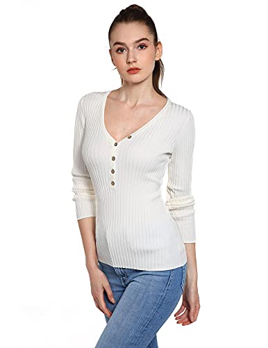 AmélieBoutik Women V Neck Henley Long Sleeve Pullover Ribbed Sweater (Ivory Large)