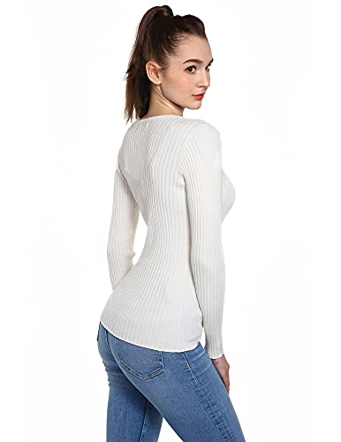 AmélieBoutik Women V Neck Henley Long Sleeve Pullover Ribbed Sweater (Ivory Large)