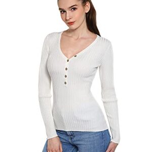 AmélieBoutik Women V Neck Henley Long Sleeve Pullover Ribbed Sweater (Ivory Large)