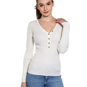 AmélieBoutik Women V Neck Henley Long Sleeve Pullover Ribbed Sweater (Ivory Large)