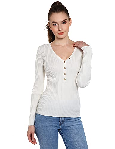 AmélieBoutik Women V Neck Henley Long Sleeve Pullover Ribbed Sweater (Ivory Large)