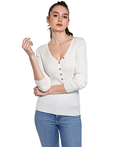 AmélieBoutik Women V Neck Henley Long Sleeve Pullover Ribbed Sweater (Ivory Large)