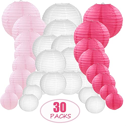 Lantern 30 pcs 4"-12" White Light Pink Rose Paper Lantern Chinese Javanese Round lanterne Papier lampion Wedding Outdoor Hanging Decor