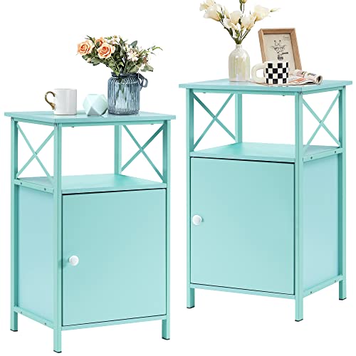 VECELO Tall Side Storage, Large Capacity Bedside Nightstand for Living Room, Bedroom,Office,Easy to Assemble,Set of 2, End Table with Cabinet, Teal