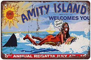 rosefinch stone retro funny metal sign sheet signs tin sign,welcome to amity island，surf girl outdoor home wall decoration, size:8 x 12