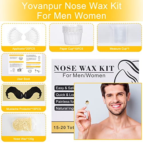 Nose Wax Kit for Men Women, Yovanpur Nose Hair Waxing Kit with 100g Nose Hair Wax Beads (15-20 USES), 20 Applicator, 15 Mustache Protector, 10 Paper Cups, 1 Measuring Cup - Easy, Quick and Painless