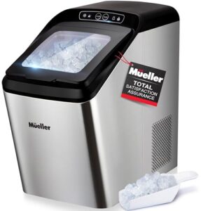 mueller nugget ice maker machine, quietest heavy-duty countertop ice machine, 30 lbs of ice per day, compact portable ice cube maker, 3 qt water reservoir, self-cleaning with basket