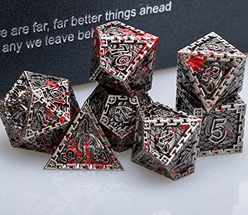 ARUOHHA DND Metal Dice Set with Gift Box, 7pcs Blood Polyhedral Dice Set Large Dungeons and Dragons D&D Dice RPG D+D Role Playing Dice 6 Sided Handmade D and D Dice D20 D12 D10 D8 D6 D4