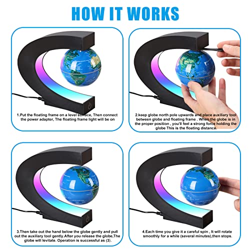 Floating Globe with LED Lights and Touch Switch C Shape Magnetic Levitation Floating Globe World Map for Desk Decoration (Black_Silver)