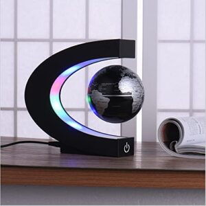 Floating Globe with LED Lights and Touch Switch C Shape Magnetic Levitation Floating Globe World Map for Desk Decoration (Black_Silver)