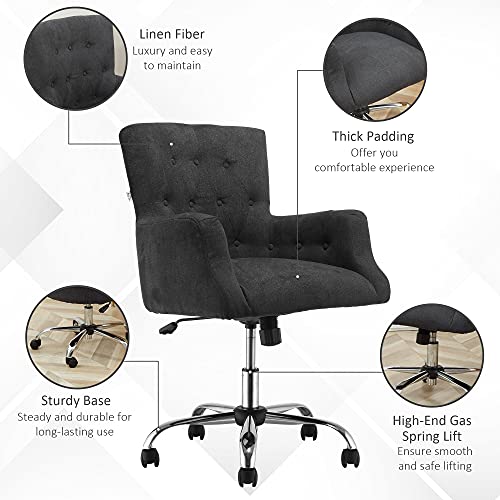 HOMCOM Mid Back Task Chair, Modern Home Office Chair with Tufted Button Design and Padded Armrests, Swivel Computer Desk Chair for Study Living Room Bedroom, Carbon Black