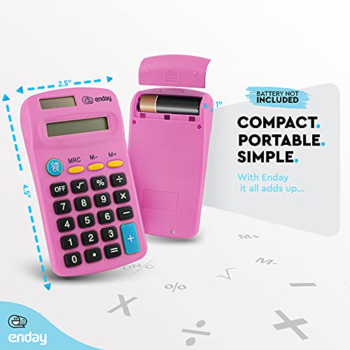 Calculator Pink, Basic Small Solar and Battery Operated, Large Display Four Function, Auto Powered Handheld Calculator School and Kids Available in Green, Red, Purple, Grey, Blue, 1 PK – by Enday