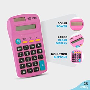 Calculator Pink, Basic Small Solar and Battery Operated, Large Display Four Function, Auto Powered Handheld Calculator School and Kids Available in Green, Red, Purple, Grey, Blue, 1 PK – by Enday