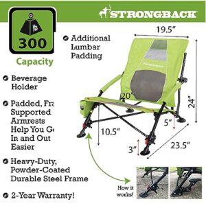 STRONGBACK Beach Chairs - Low Gravity Recliner 2.0 Portable Beach Chair - with Built-in Lumbar Support, Heavy Duty Folding Beach Chairs, Great for Travel, Lime Green/Gen 2