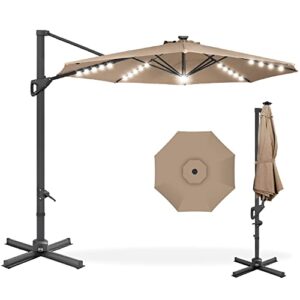 best choice products 10ft solar led cantilever patio umbrella, 360-degree rotation hanging offset market outdoor sun shade for backyard, deck, poolside w/lights, easy tilt, cross base - tan