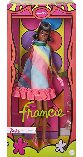 Barbie Signature Francie 1967 Doll Reproduction (11.5 in Brunette) with Striped Dress, Twist ‘n Turn Waist & Rooted Eyelashes, Gift for Collectors