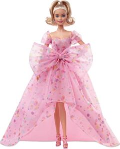 barbie signature birthday wishes doll (11.5in blonde) wearing pink tulle gown & shoes, with customizable packaging, gift for 6+