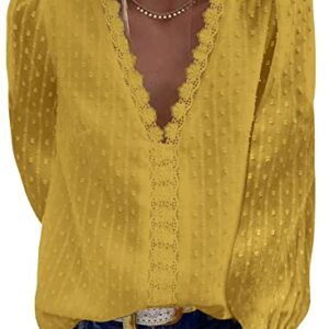 Diukia Women's Fashion Cute Swiss Dot Pom Pom Puff Long Sleeve Pullover Blouses Summer Sexy Lace Trim V Neck Blouse Tops Ladies Casual Loose Solid Chiffon Shirts Blouses for Autumn Spring Yellow XL