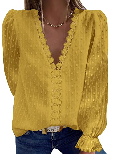 Diukia Women's Fashion Cute Swiss Dot Pom Pom Puff Long Sleeve Pullover Blouses Summer Sexy Lace Trim V Neck Blouse Tops Ladies Casual Loose Solid Chiffon Shirts Blouses for Autumn Spring Yellow XL