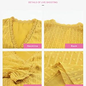 Diukia Women's Fashion Cute Swiss Dot Pom Pom Puff Long Sleeve Pullover Blouses Summer Sexy Lace Trim V Neck Blouse Tops Ladies Casual Loose Solid Chiffon Shirts Blouses for Autumn Spring Yellow XL