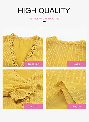 Diukia Women's Fashion Cute Swiss Dot Pom Pom Puff Long Sleeve Pullover Blouses Summer Sexy Lace Trim V Neck Blouse Tops Ladies Casual Loose Solid Chiffon Shirts Blouses for Autumn Spring Yellow XL