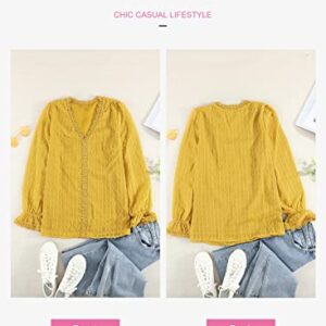 Diukia Women's Fashion Cute Swiss Dot Pom Pom Puff Long Sleeve Pullover Blouses Summer Sexy Lace Trim V Neck Blouse Tops Ladies Casual Loose Solid Chiffon Shirts Blouses for Autumn Spring Yellow XL