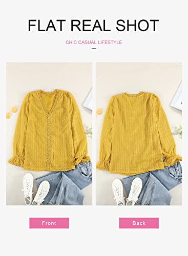 Diukia Women's Fashion Cute Swiss Dot Pom Pom Puff Long Sleeve Pullover Blouses Summer Sexy Lace Trim V Neck Blouse Tops Ladies Casual Loose Solid Chiffon Shirts Blouses for Autumn Spring Yellow XL