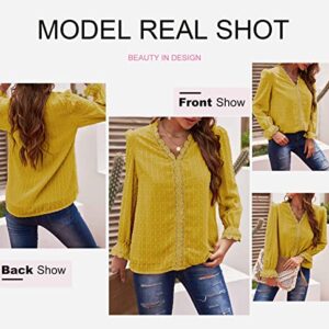 Diukia Women's Fashion Cute Swiss Dot Pom Pom Puff Long Sleeve Pullover Blouses Summer Sexy Lace Trim V Neck Blouse Tops Ladies Casual Loose Solid Chiffon Shirts Blouses for Autumn Spring Yellow XL