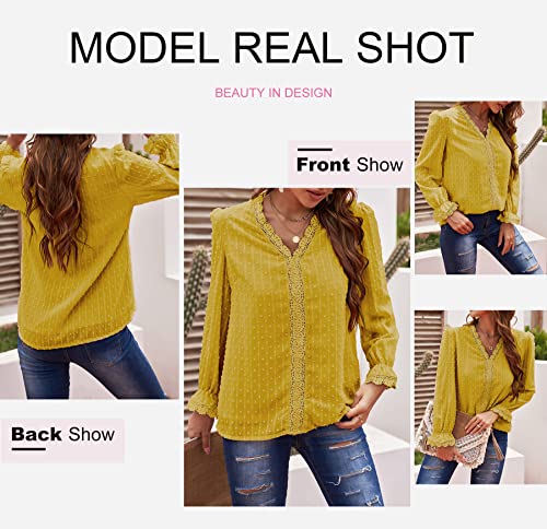 Diukia Women's Fashion Cute Swiss Dot Pom Pom Puff Long Sleeve Pullover Blouses Summer Sexy Lace Trim V Neck Blouse Tops Ladies Casual Loose Solid Chiffon Shirts Blouses for Autumn Spring Yellow XL