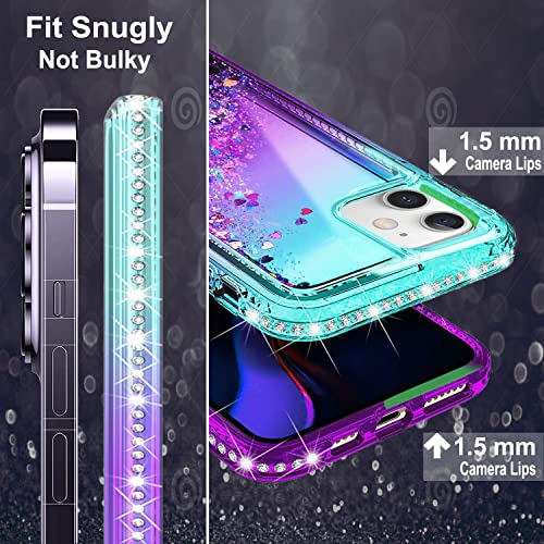 iPhone 13 Mini Case, [with Tempered Glass Screen Protector Included], STARSHOP Liquid Bling Sparkle Floating Glitter Quicksand Phone Case Girls Women Cute for iPhone 13 Mini - Teal/Purple