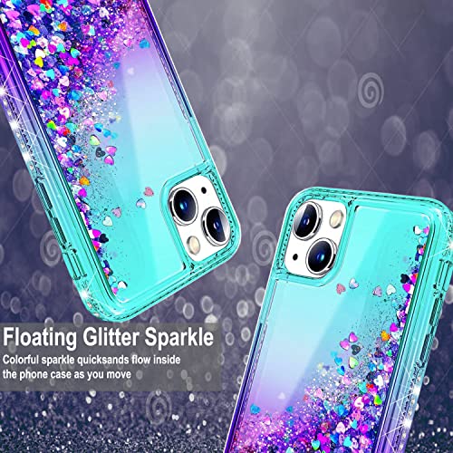 iPhone 13 Mini Case, [with Tempered Glass Screen Protector Included], STARSHOP Liquid Bling Sparkle Floating Glitter Quicksand Phone Case Girls Women Cute for iPhone 13 Mini - Teal/Purple