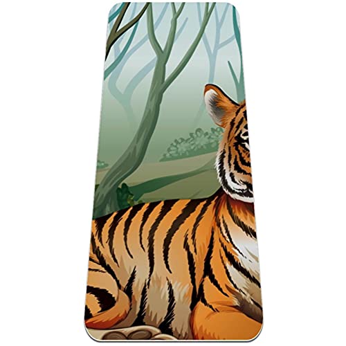 Thick Non Slip Exercise & Fitness 1/4 yoga mat with Scary Tiger Rest At The Forest Print for Yoga Pilates & Floor Fitness Exercise (61x183cm)