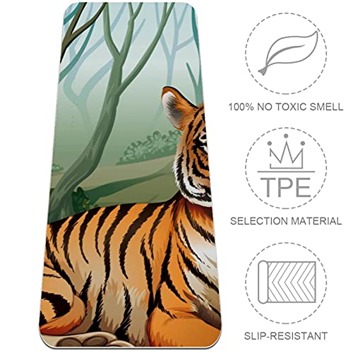 Thick Non Slip Exercise & Fitness 1/4 yoga mat with Scary Tiger Rest At The Forest Print for Yoga Pilates & Floor Fitness Exercise (61x183cm)