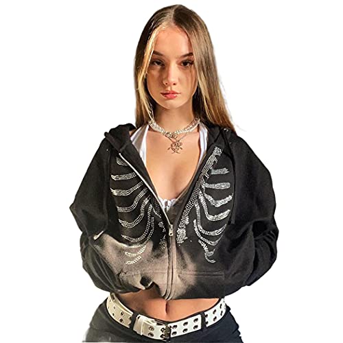 Fernvia Women Zip Up Hoodie Rhinestone Skeleton Goth Clothes Vintage Oversized Sweatshirt Print Jacket Streetwear Coat